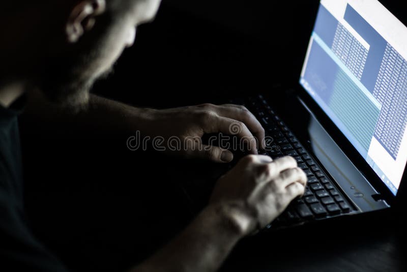 Hacker in Front of His Computer. Dark Face Stock Image - Image of ...