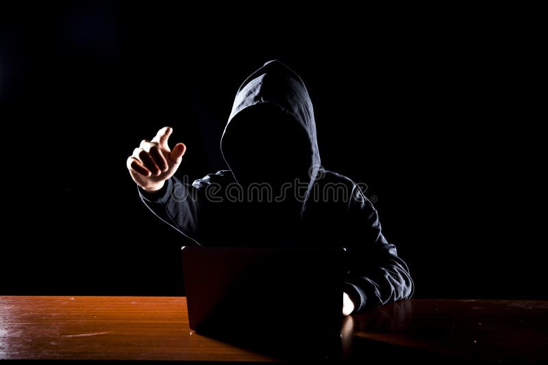 Hacker in Front of His Computer. Dark Face Stock Image - Image of cyber ...
