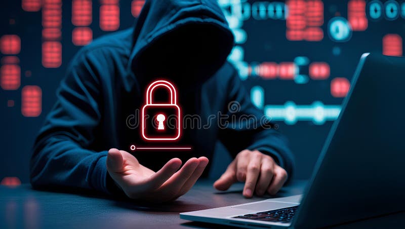 A Hacker in Front of a Laptop with a Glowing Red Lock Icon Stock ...
