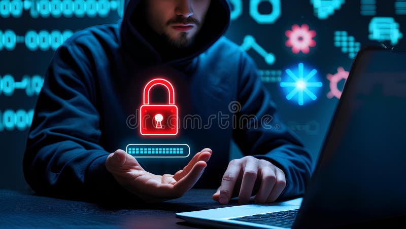 A Hacker in Front of a Laptop with a Glowing Red Lock Icon Stock ...