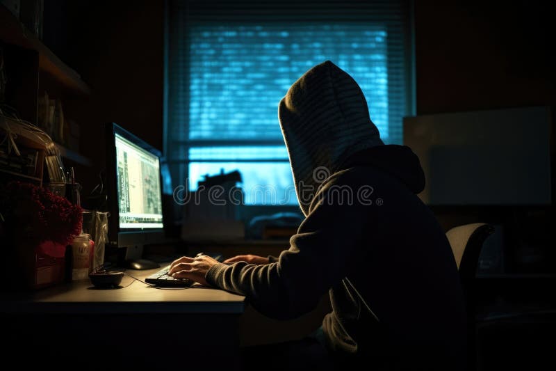 Hacker in Front of Sophisticated Computer Equipment Stock Illustration ...