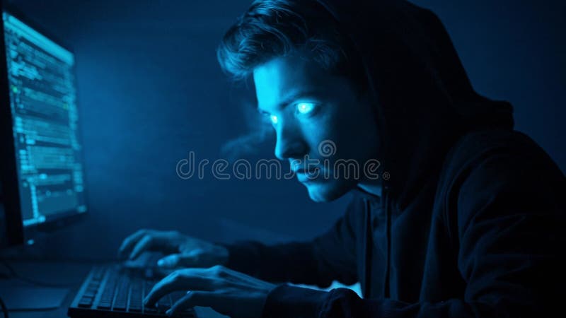 Hacker With Glowing Eyes Typing On Keyboard In Dark Room Stock Footage Video Of Network