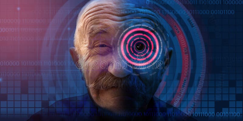 Hacker Grandfather with Artificial Eye, Binary Code, Gloomy Cyberspace ...