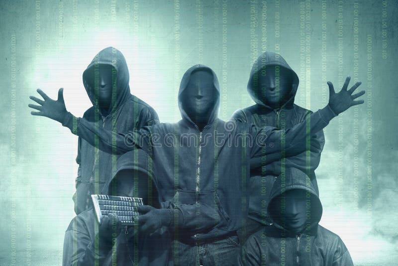 Group of Hooded Hacker with Mask Standing Stock Photo - Image of coding ...