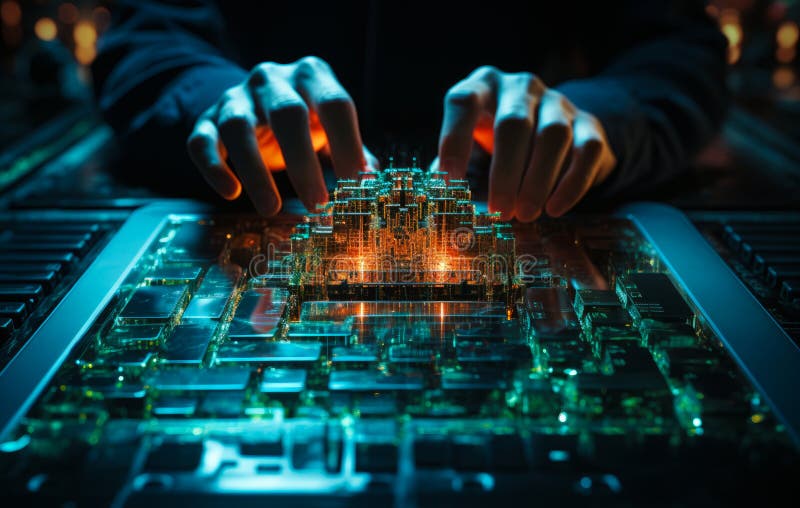 Hacker is Hacking Computer with Circuit Board and Keyboard. Stock Image ...
