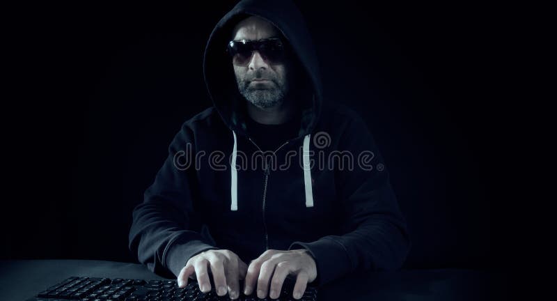 Hacker Hacking on Computer Keyboard, Black Background Stock Image ...