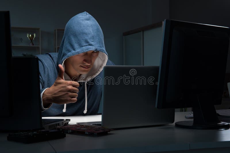 The Hacker Hacking Computer at Night Stock Photo - Image of illegal ...