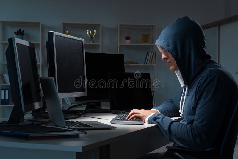 The Hacker Hacking Computer at Night Stock Image - Image of online ...