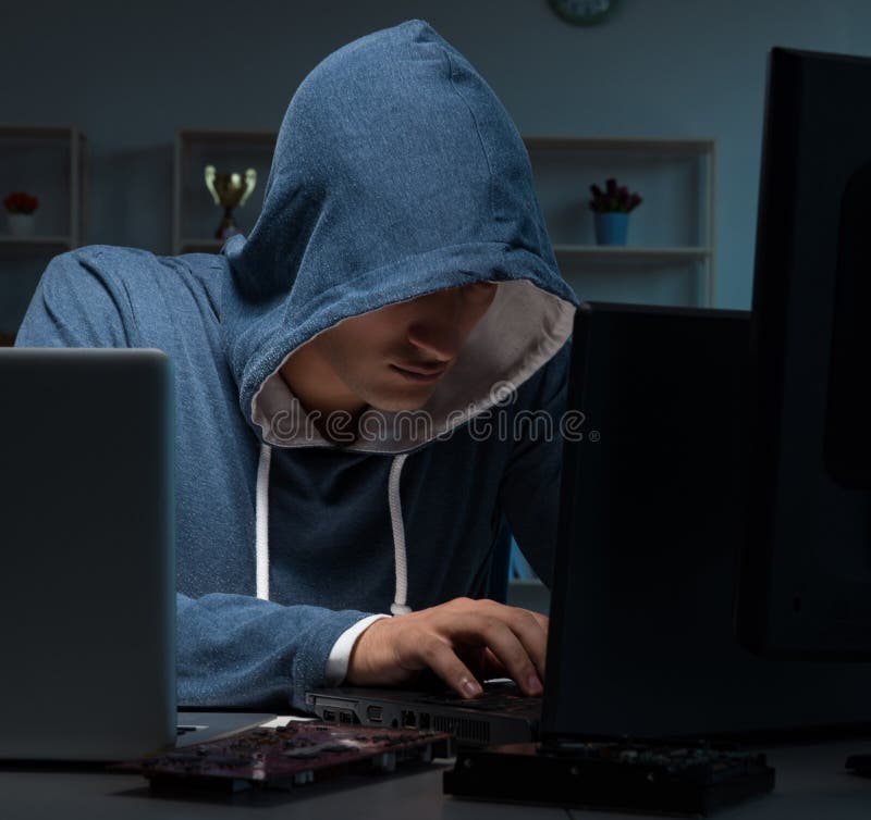 Hacker Hacking Computer at Night Stock Image - Image of illegal ...