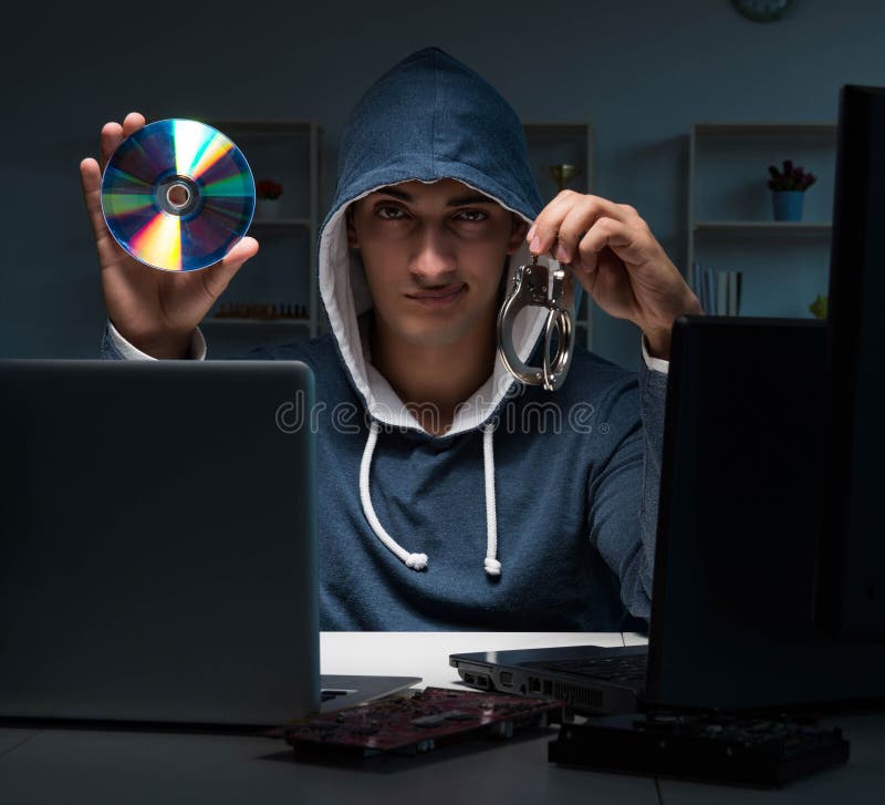 Hacker Hacking Computer at Night Stock Image - Image of hood, handcuffs ...