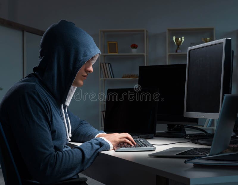 Hacker Hacking Computer at Night Stock Image - Image of data, laptop ...