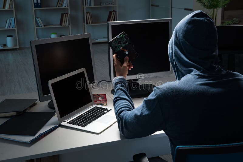The Hacker Hacking Computer at Night Stock Image - Image of criminal ...
