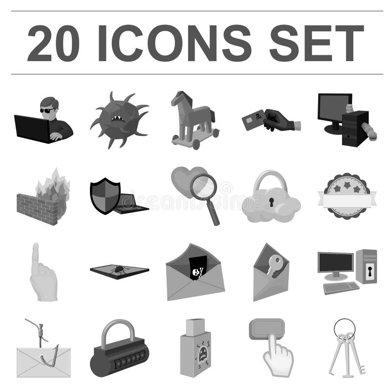 Hacker And Hacking Monochrome Icons In Set Collection For Design Hacker And Equipment Vector