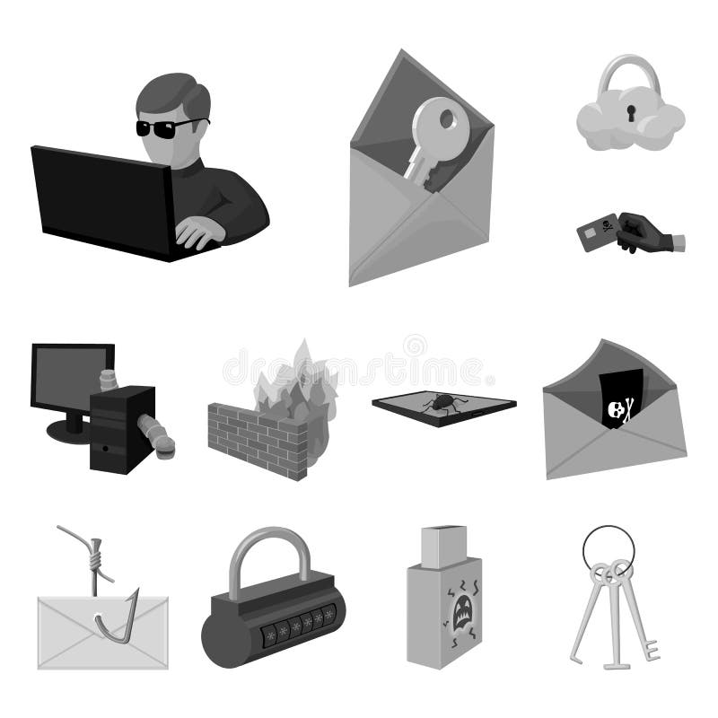 Hacker And Hacking Monochrome Icons In Set Collection For Design Hacker And Equipment Vector