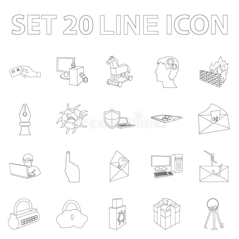 Hacker And Hacking Outline Icons In Set Collection For Design Hacker And Equipment Vector
