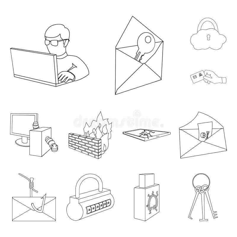 Hacker And Hacking Outline Icons In Set Collection For Design Hacker And Equipment Vector
