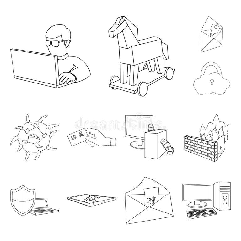 Hacker and Hacking Outline Icons in Set Collection for Design. Hacker and Equipment Vector ...