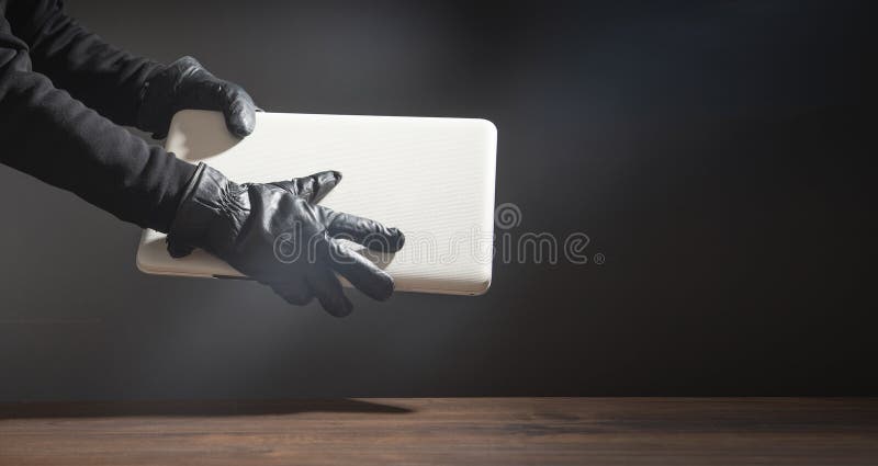 Hacker Hand in a Leather Glove with a Computer Stock Image - Image of ...