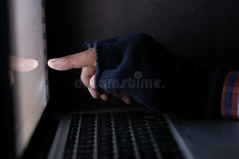 Hacker Hand Pointing Finger on Laptop Screen Stock Image - Image of ...