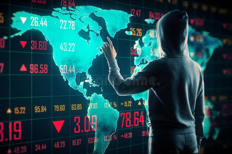 Hacker Hand Using Glowing Digital Map on Dark Background. Global ...