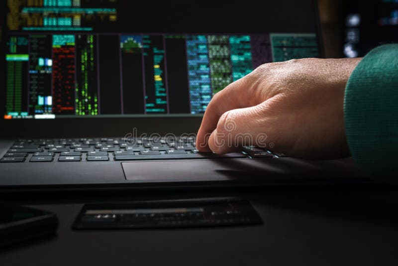 Hacker Hands, First Person View, at Work with Interface and Stolen ...