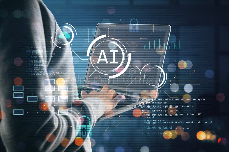 Hacker Hands Using Laptop with Glowing Blurry Ai Hologram with Binary Coding on Blurry ...