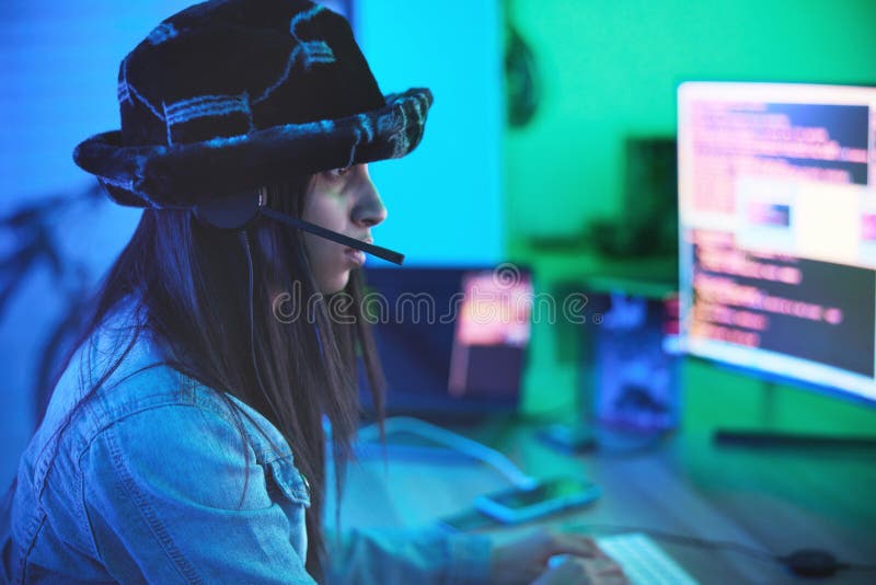 Hacker Headset Computer Or Neon Coding On Cybersecurity Ransomware Seo Night Phishing Or Code