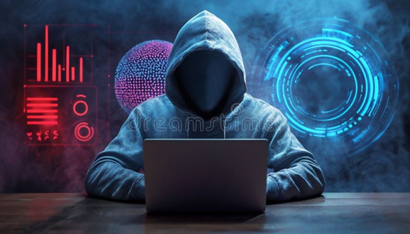 A Hacker with Hidden Face in a Hoodie Using a Laptop Stock Illustration ...