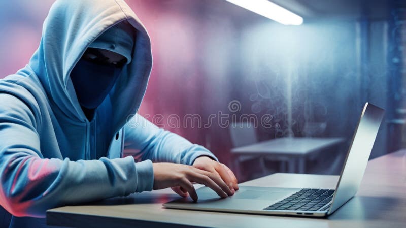 A Hacker with Hidden Face in a Hoodie Using a Laptop Stock Illustration ...