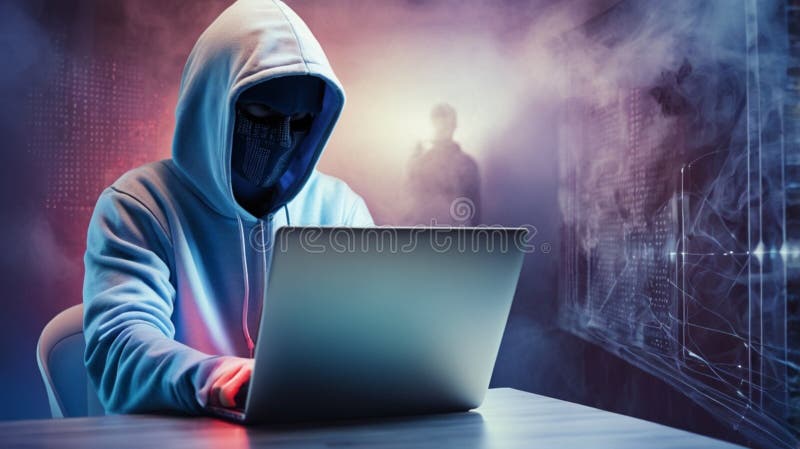 A Hacker with Hidden Face in a Hoodie Using a Laptop Stock Illustration ...