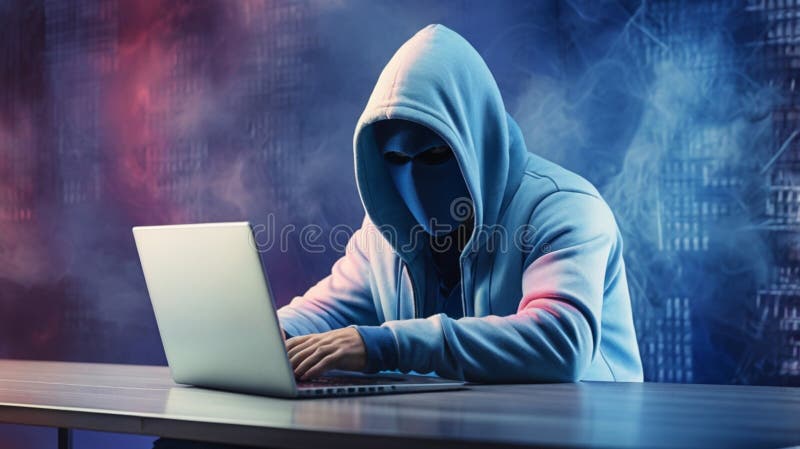 A Hacker with Hidden Face in a Hoodie Using a Laptop Stock Illustration ...