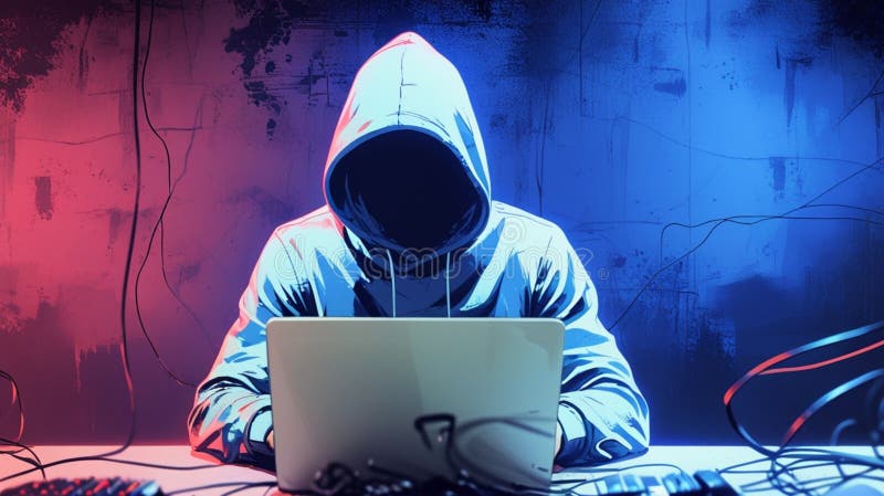 A Hacker with Hidden Face in a Hoodie Using a Laptop Stock Illustration ...