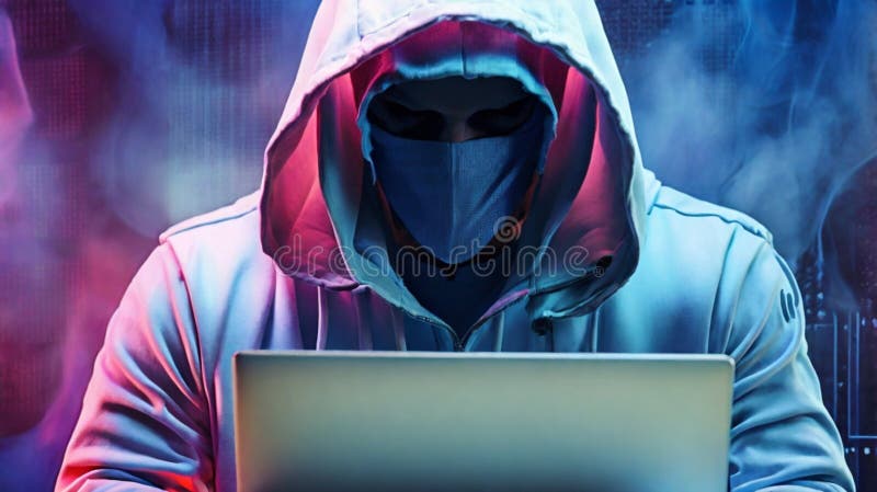 A Hacker with Hidden Face in a Hoodie Using a Laptop Stock Illustration ...