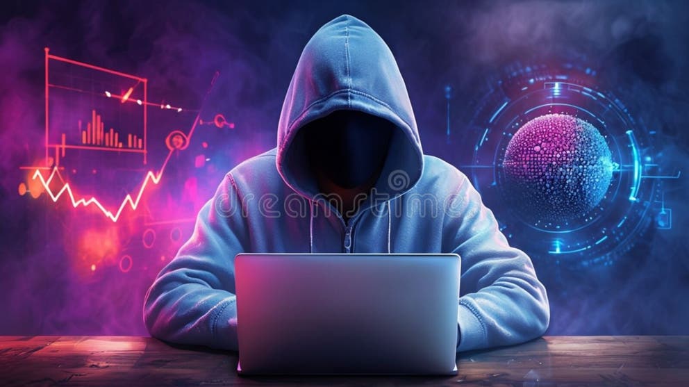 A Hacker with Hidden Face in a Hoodie Using a Laptop Stock Illustration ...