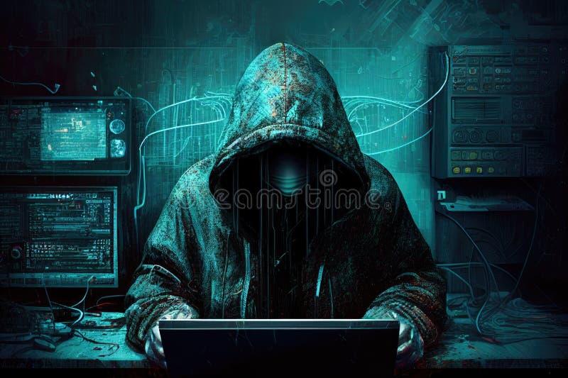 Hacker in His Hideout with a Computer Generative AI Illustration Stock ...