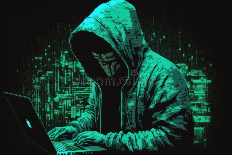 Hacker In His Hideout With A Computer Generative Ai Illustration Stock