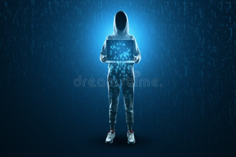 Hacker Holding Laptop with Abstract Glowing Binary Code Hologram on Background. Programming ...