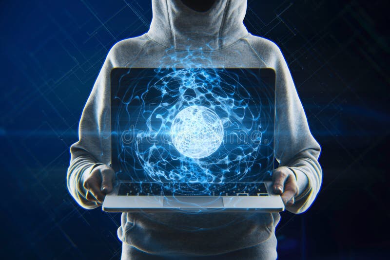 Hacker Holding Laptop with Glowing Blue Linear Sphere on Blurry ...