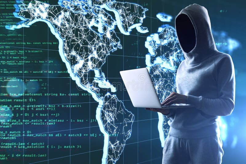 Hacker Holding Laptop and Glowing World Map Stock Image - Image of ...