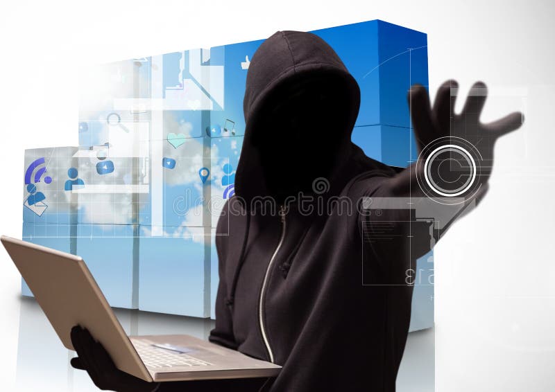 Hacker Holding a Laptop and Tendering His Arm in a Data Center Stock ...