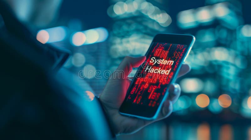 Hacker Holding Smartphone with System Hacked Stock Illustration ...
