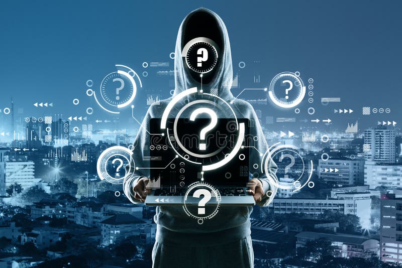 Hacker Holding Tablet with Abstract Glowing Question Marks Interface on ...