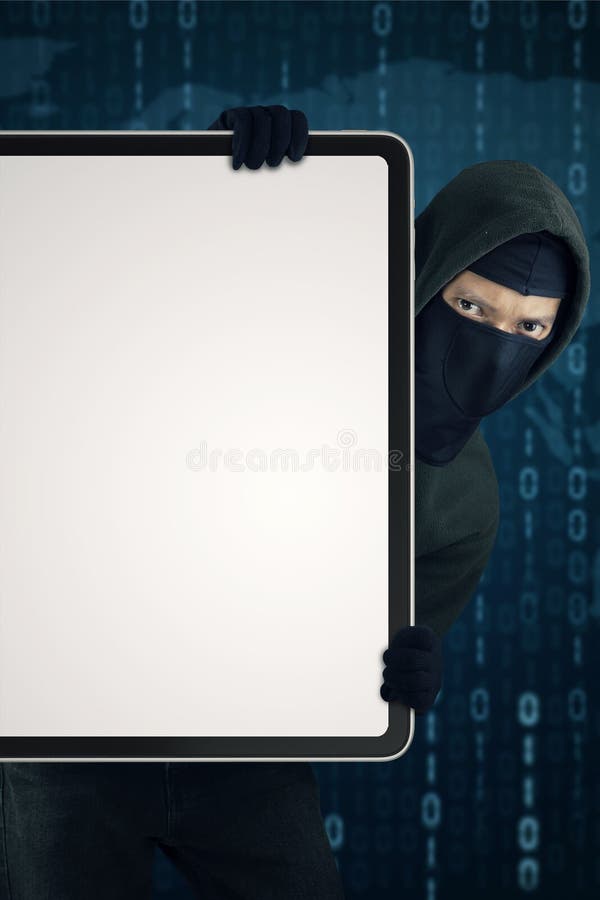 Hacker holds empty board stock image. Image of danger - 71403467