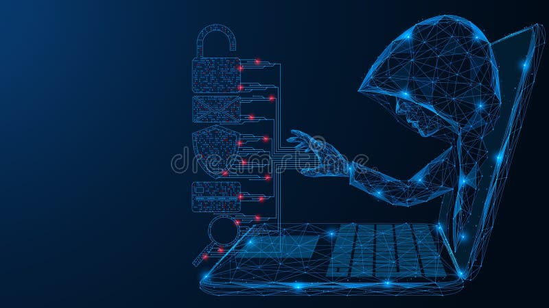 Hacker in a Hood Gets Access To User Data from a Laptop Screen. Stock ...