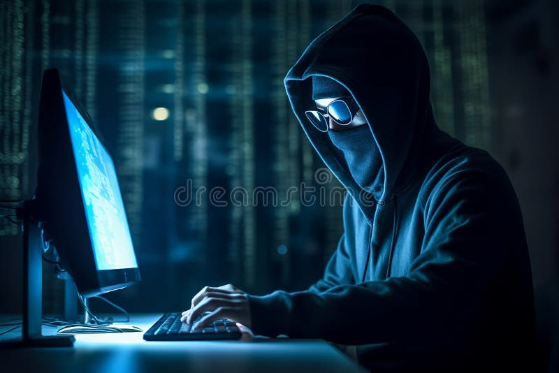Hacker In Hood Glasses Working At Computer Typing Text In Dark Room Computer Hacker Or Cyber