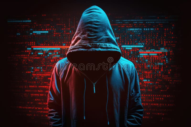 Hacker in a Hood with a Hidden Face Looks at the Screen of a Laptop ...