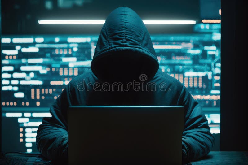 Hacker in a Hood with a Hidden Face Looks at the Screen of a Laptop ...