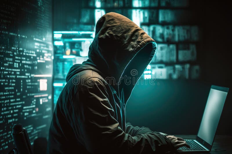 Hacker in a Hood with a Hidden Face Looks at the Screen of a Laptop ...