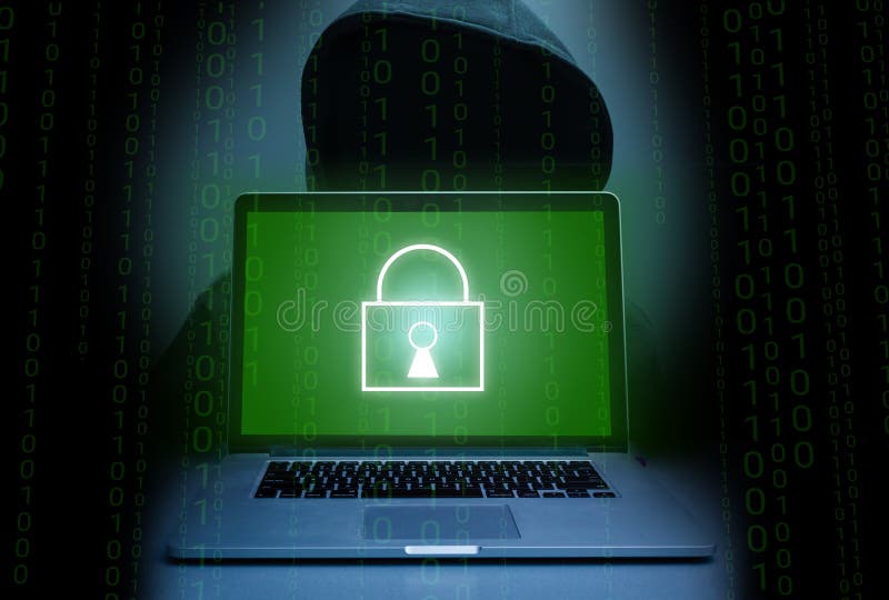 The Hacker in the Hood, Laptop with Lock Stock Photo - Image of person ...