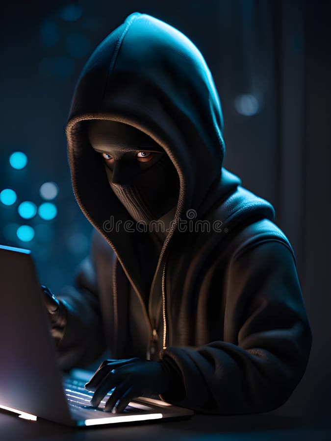 Hacker with Hood and Mask in Dark Background Stock Illustration ...